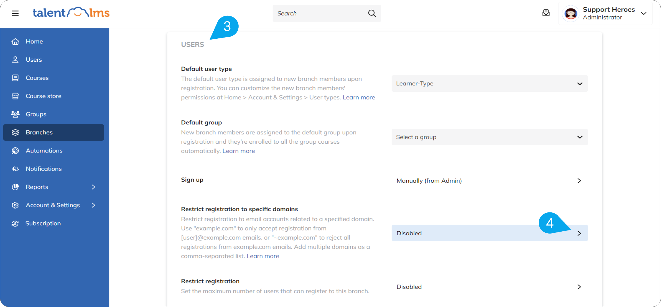 How to restrict registration to specific domains in TalentLMS – TalentLMS Support - Help Center