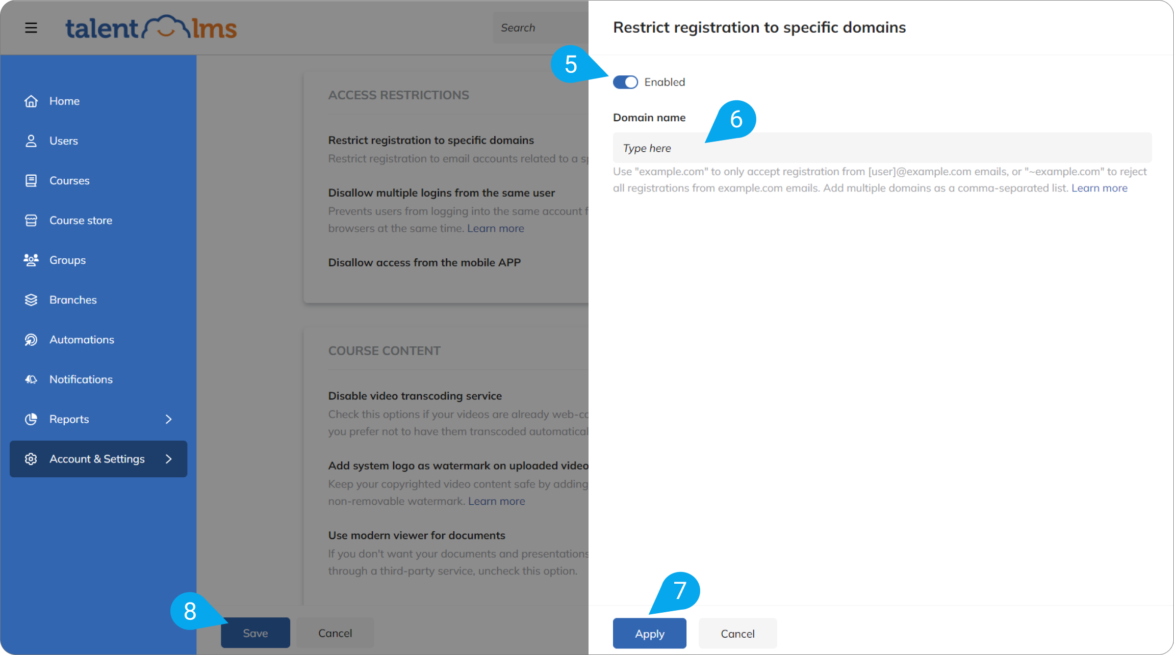 How to restrict registration to specific domains in TalentLMS – TalentLMS Support - Help Center