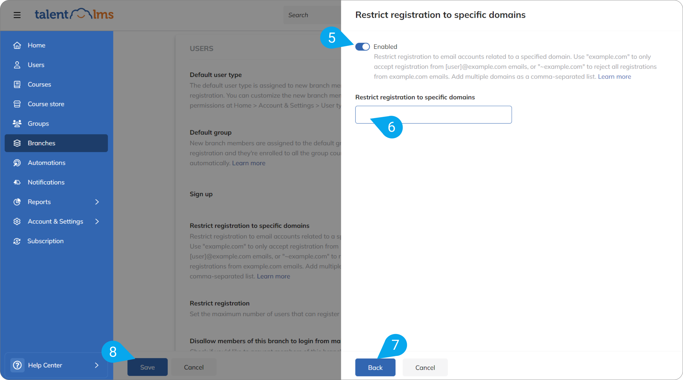 How to restrict registration to specific domains in TalentLMS – TalentLMS Support - Help Center