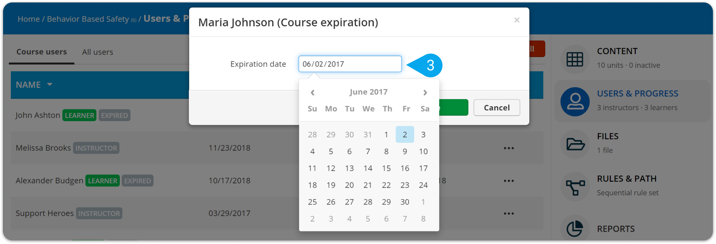 How to change the expiration date of a course for specific users in the Legacy interface ...